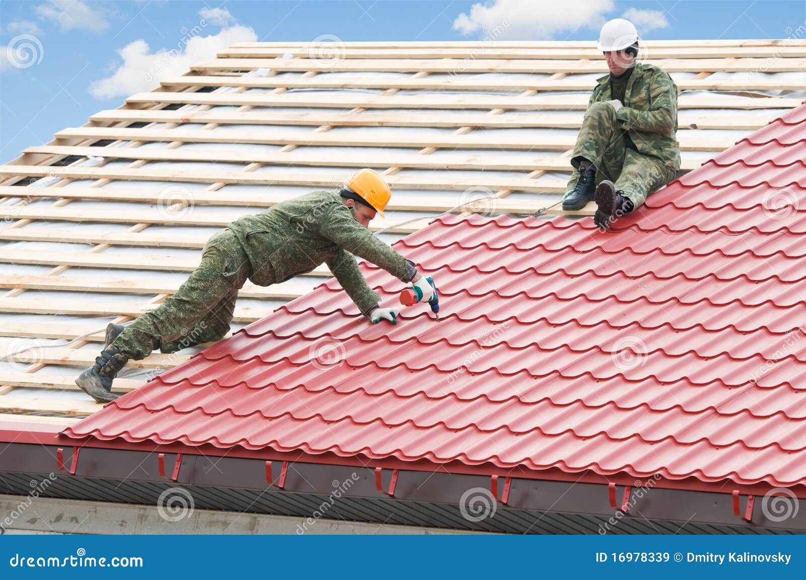 Roofing Work with Metal Tile Stock Image - Image of laborer, nail: 16978339
