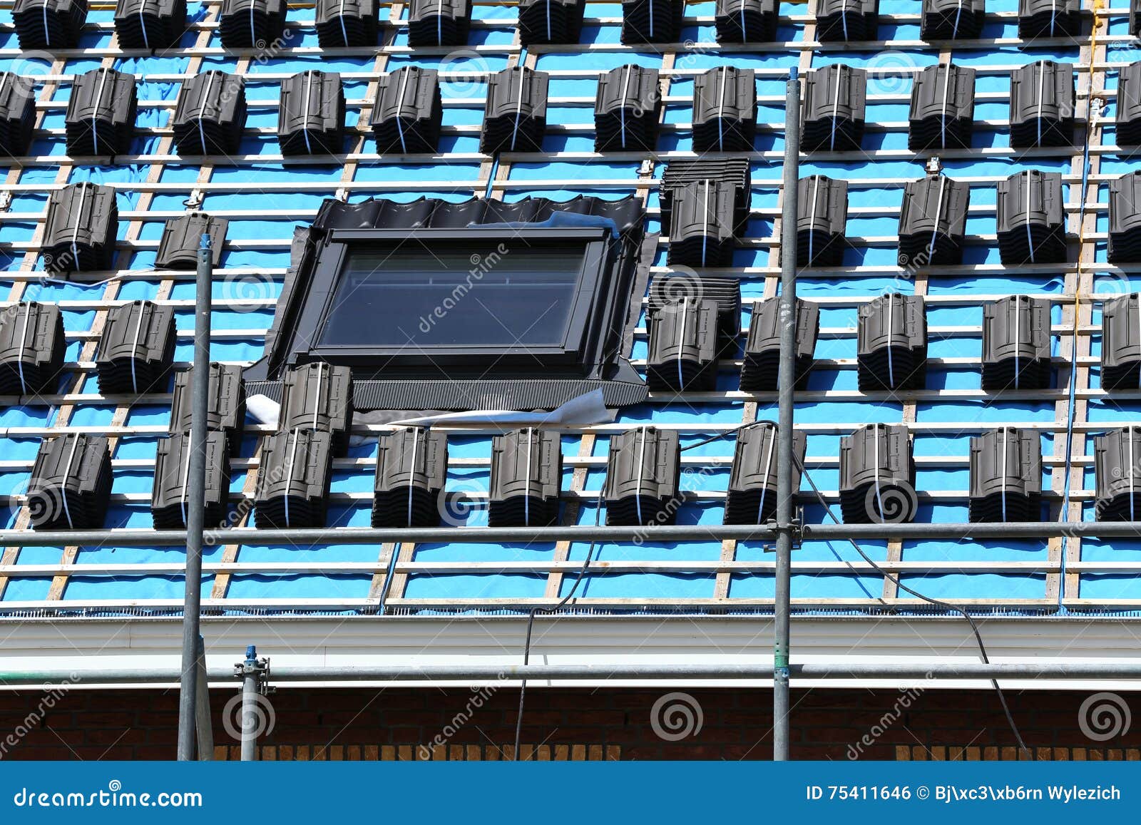 Roofing Work In Progress, Commercial Flat Roof With Safety Flags In ...