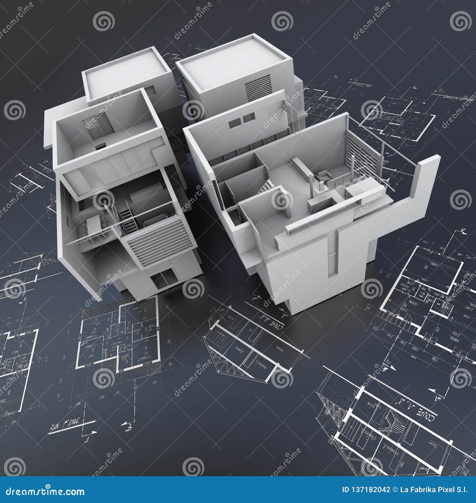 Roofless Building on Top of Blueprints Stock Illustration ...