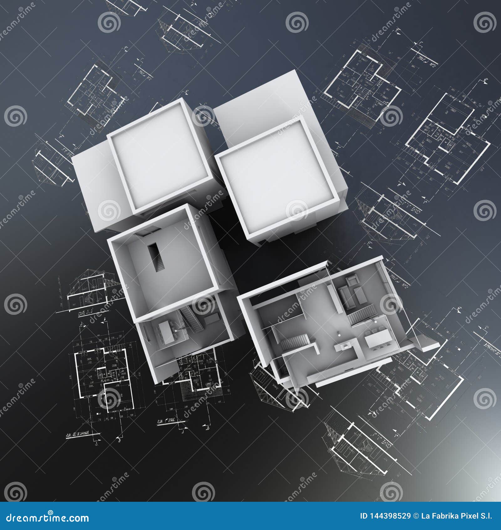 Roofless Building on Top of Blueprints Stock Illustration ...
