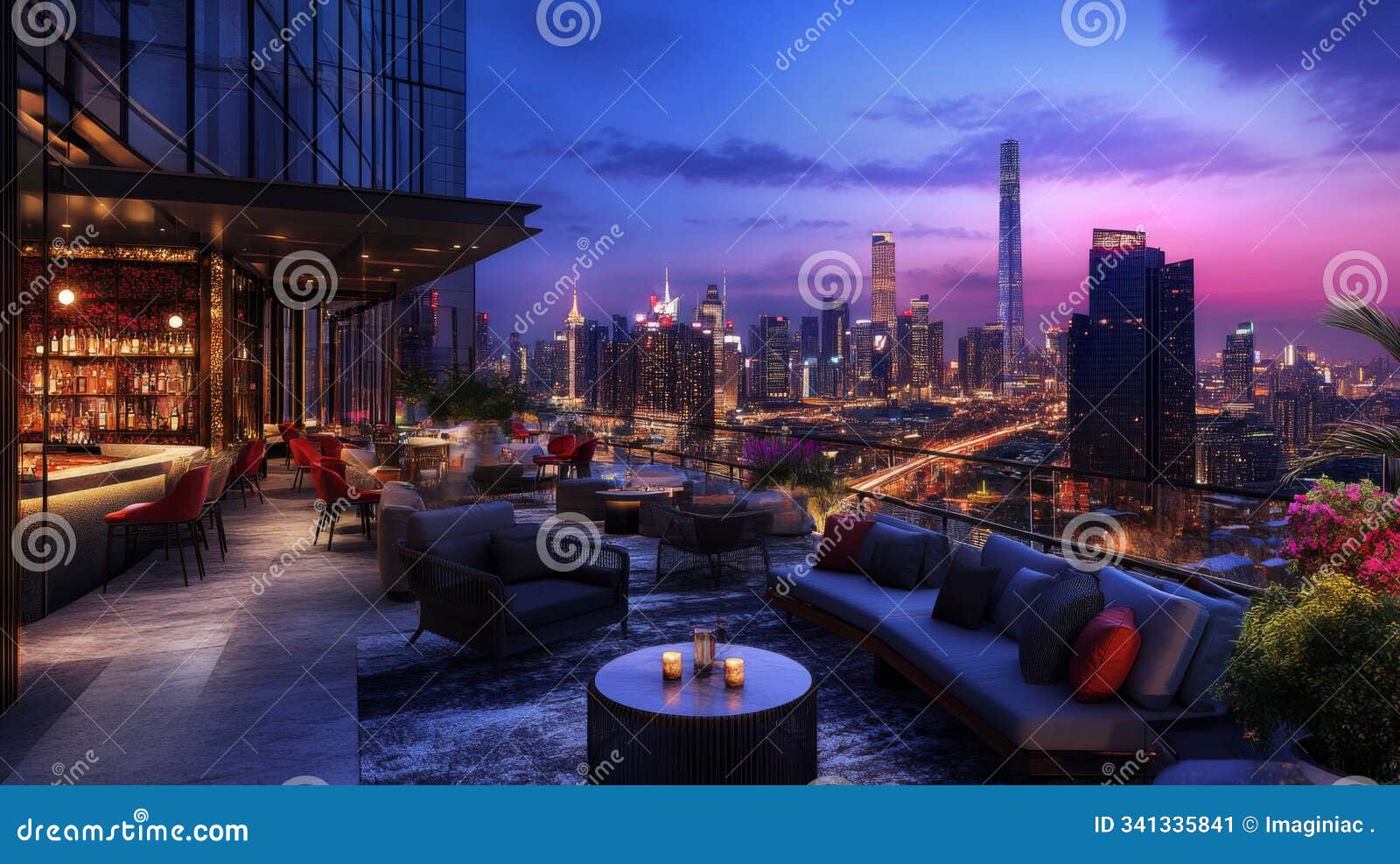 Rooftop Bar with City Skyline View at Dusk Stock Illustration ...