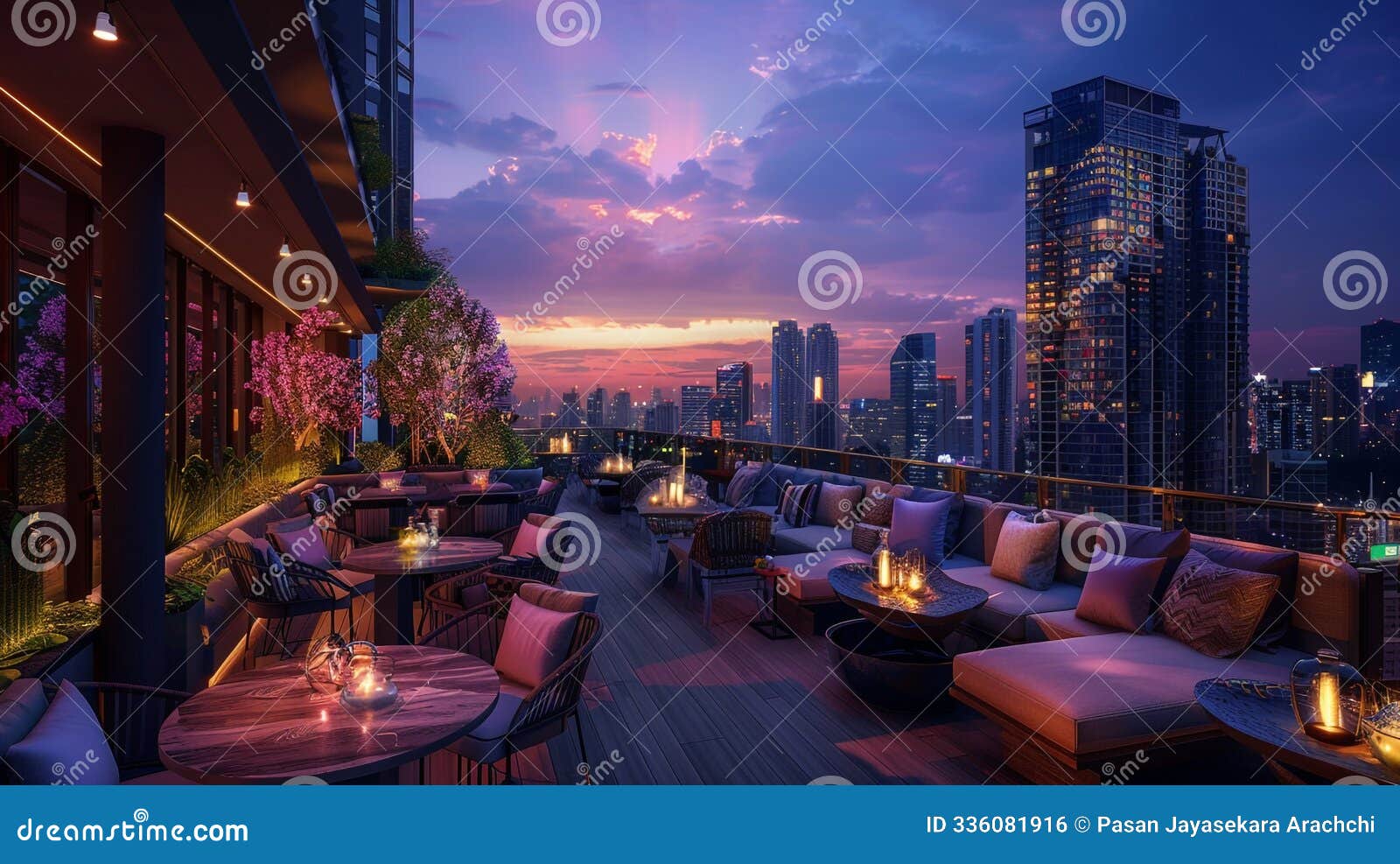 Rooftop Bar Showcasing Cityscape Views at Night Stock Illustration ...