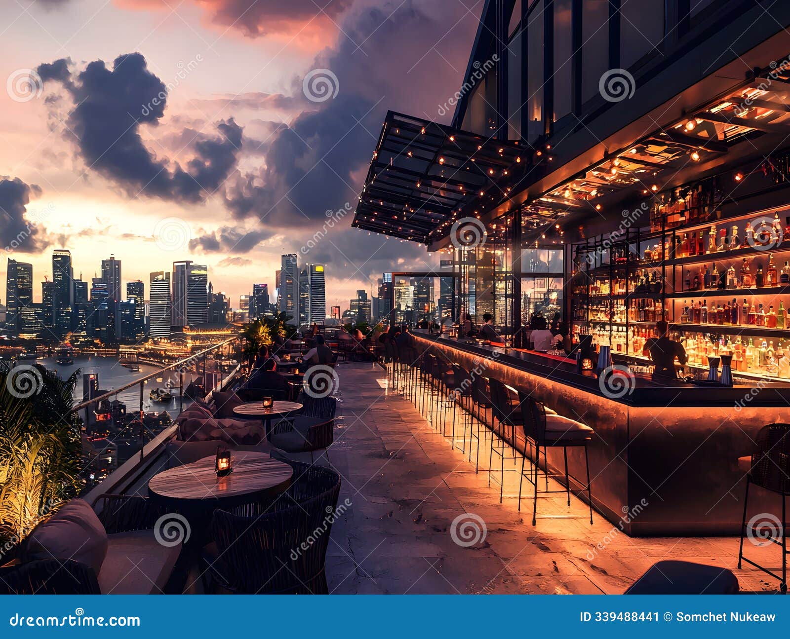 Rooftop Bar with Skyline View at Sunset, Vibrant Atmosphere Stock ...