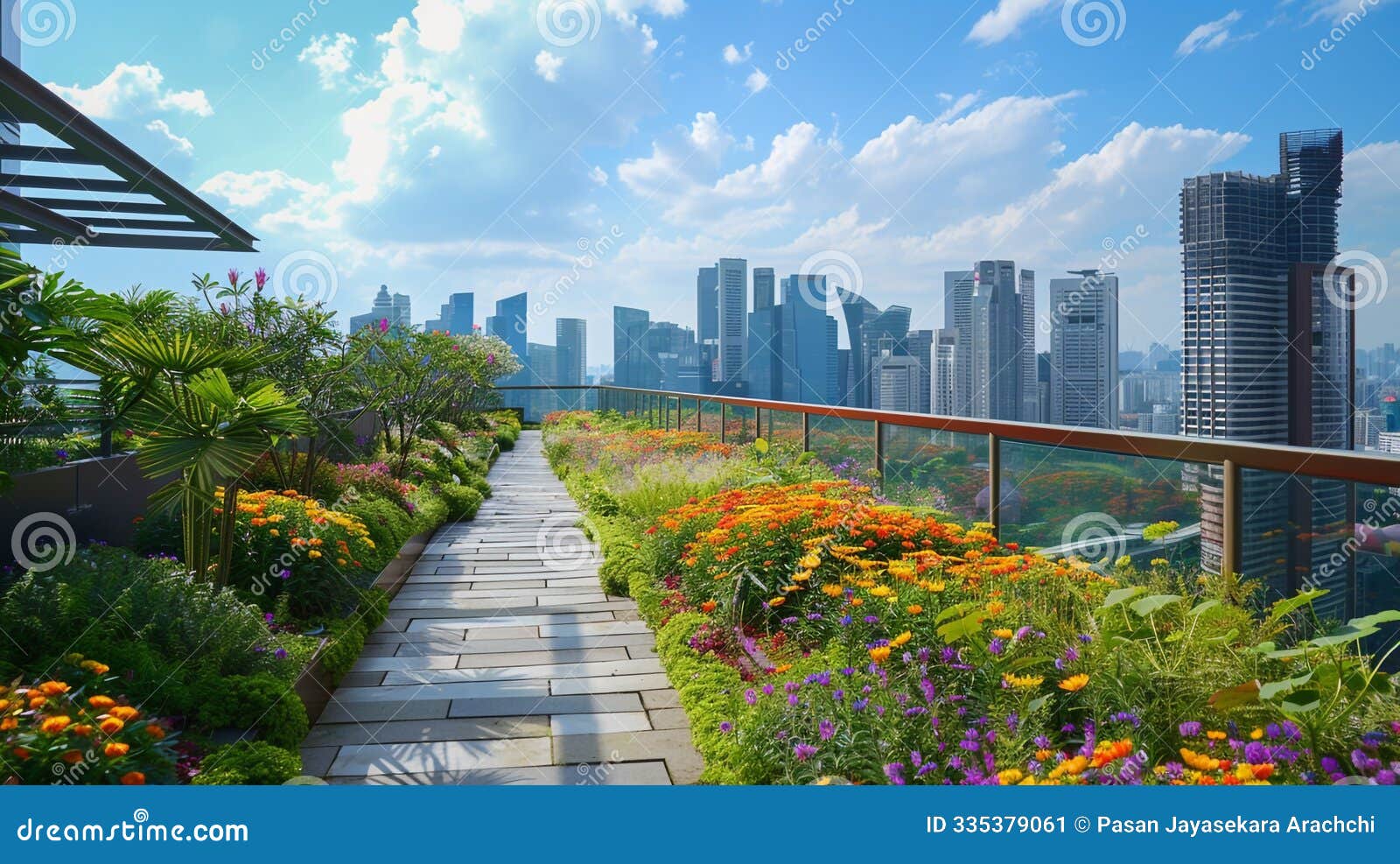 Rooftop Garden Features Flowers and Walking Paths with City Skyline ...