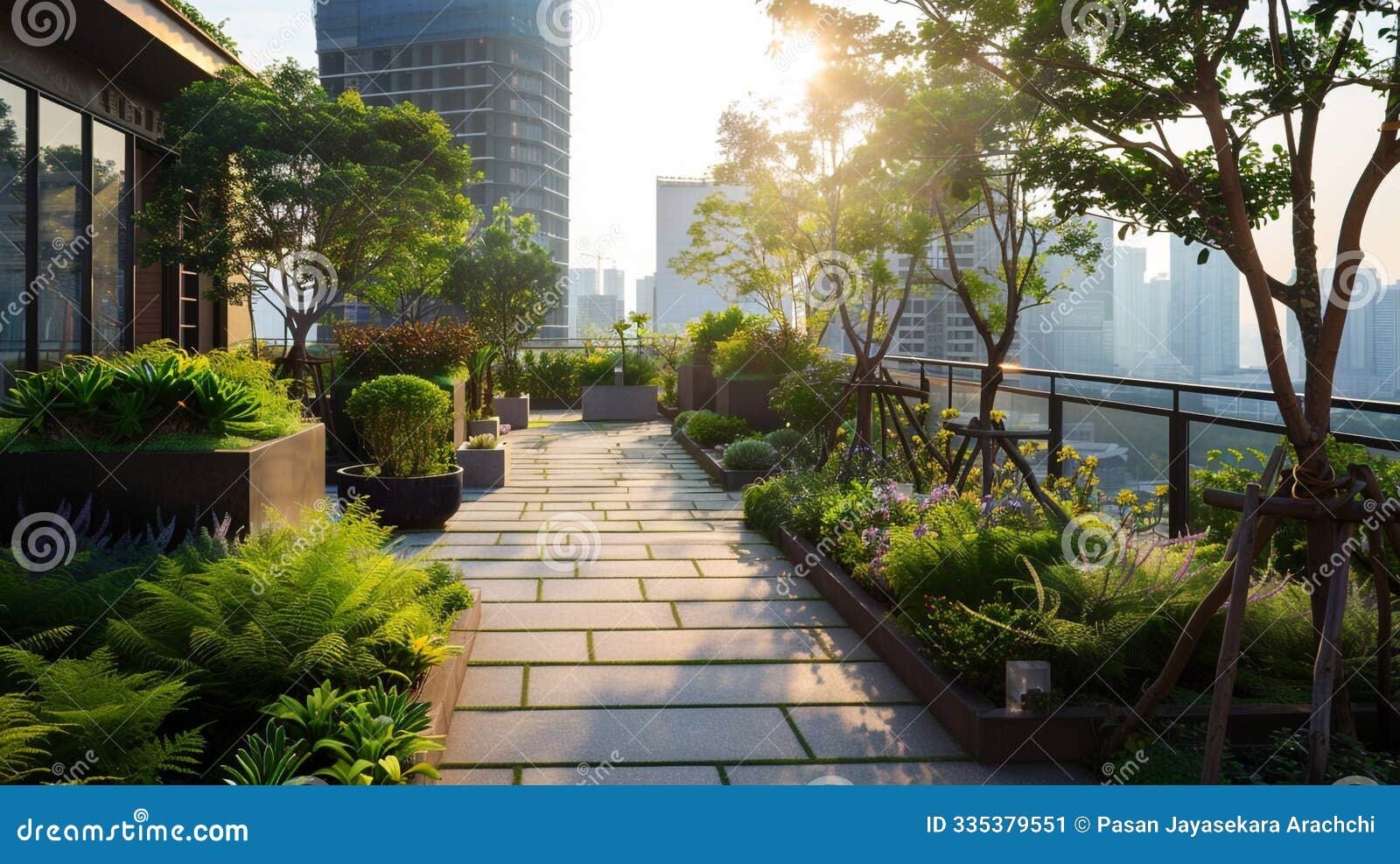 Rooftop Garden Features Plants and Walking Paths with Panoramic Views ...