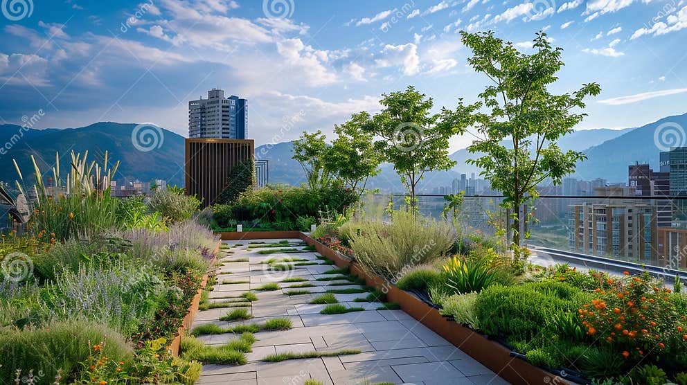 Rooftop Garden Features Plants and Walking Paths with Panoramic Views ...