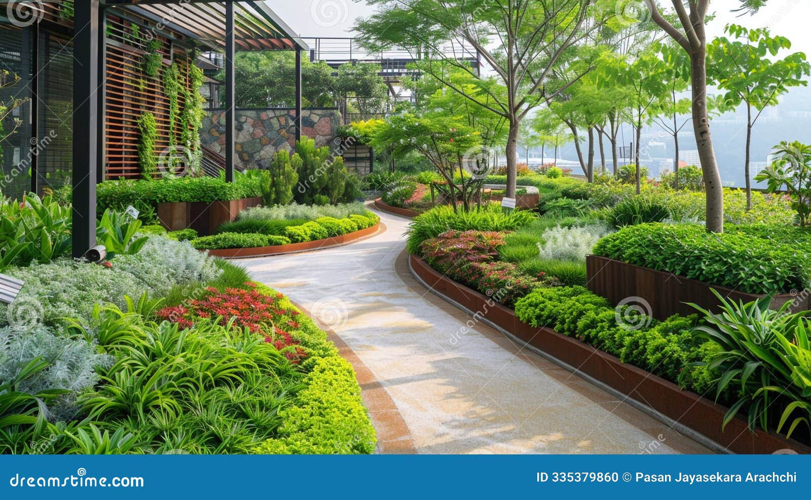 Rooftop Garden Features Walking Paths and Panoramic Views Stock ...