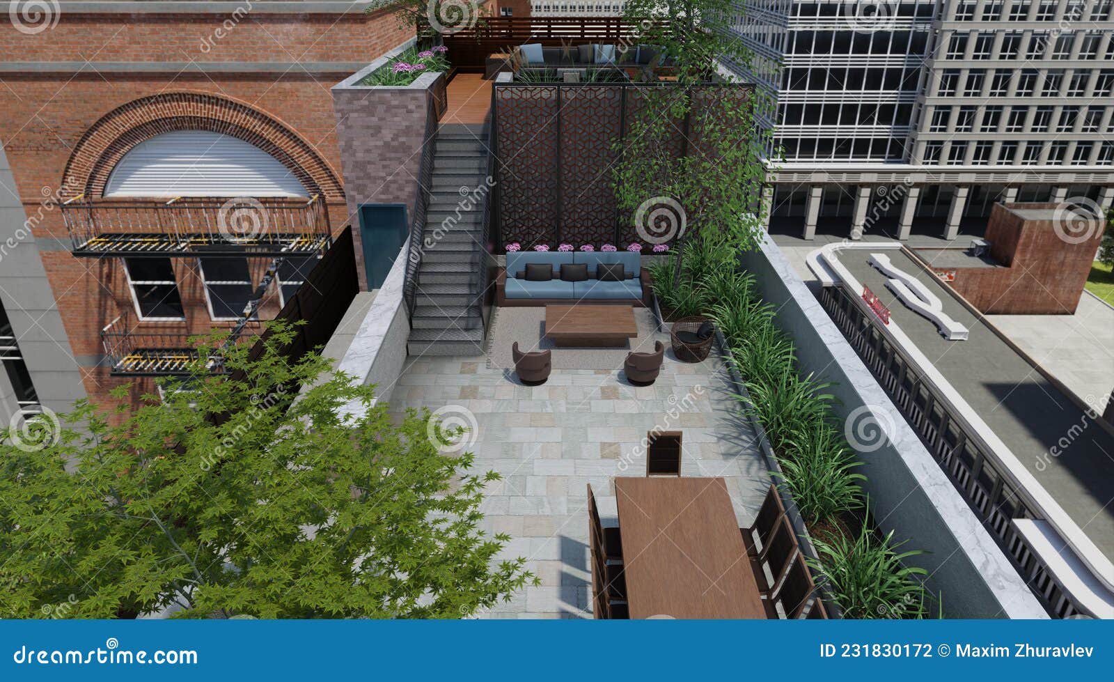 The Rooftop Garden of the High-rise Building 3d Illustration Stock ...