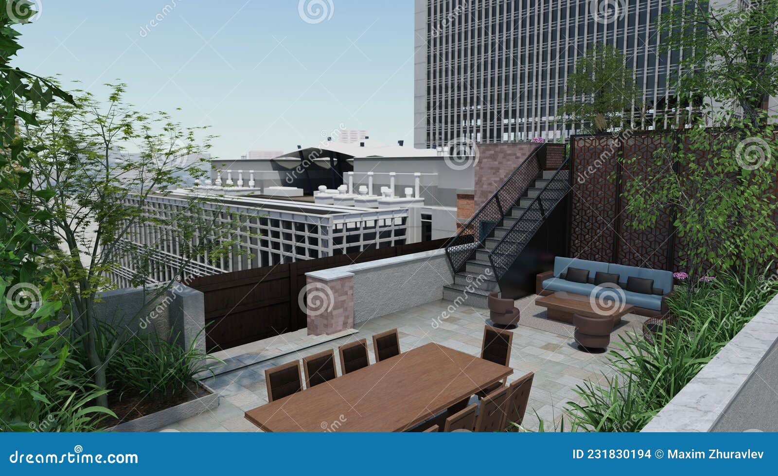 The Rooftop Garden of the High-rise Building 3d Illustration Stock ...