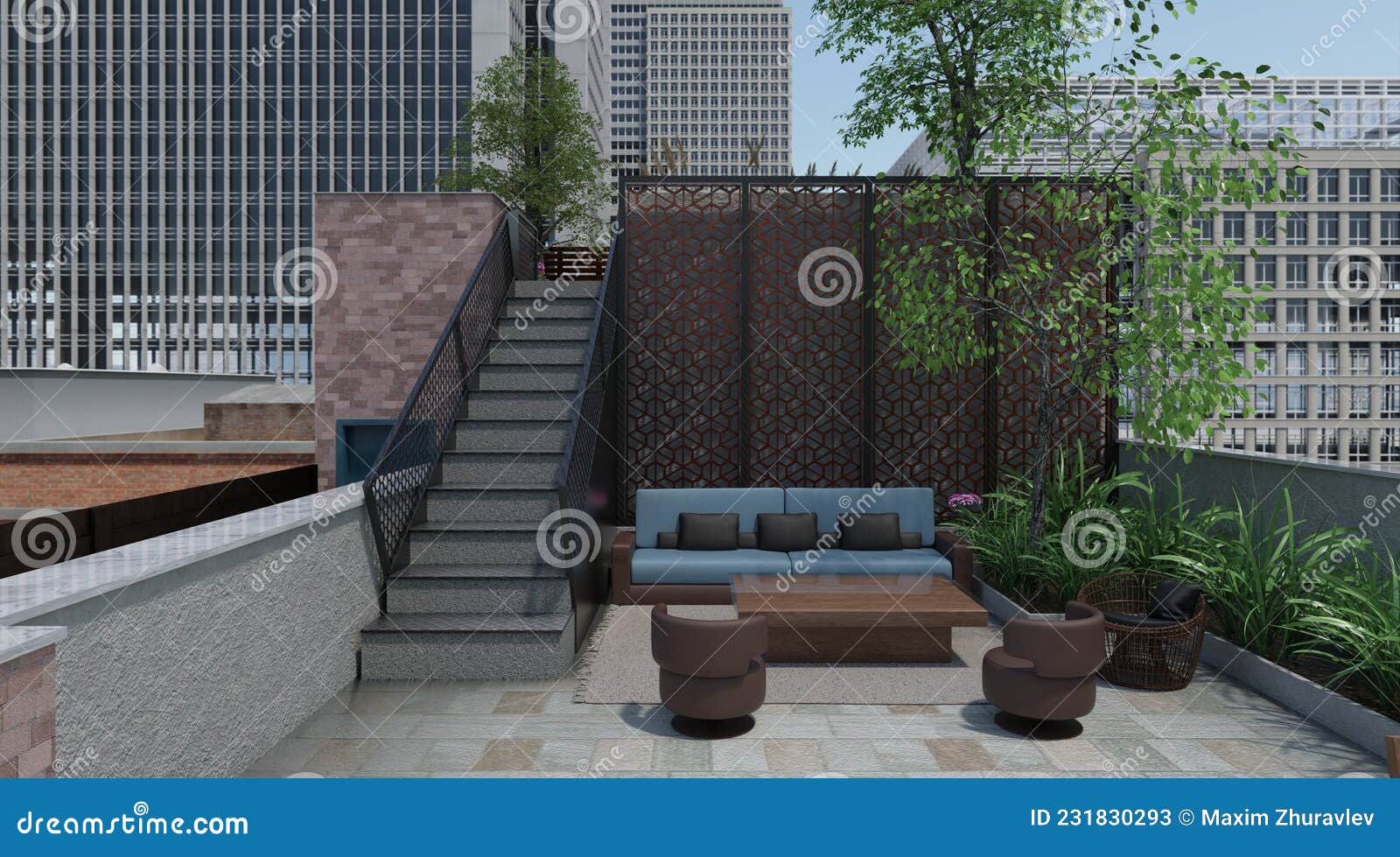 The Rooftop Garden of the High-rise Building 3d Illustration Stock ...