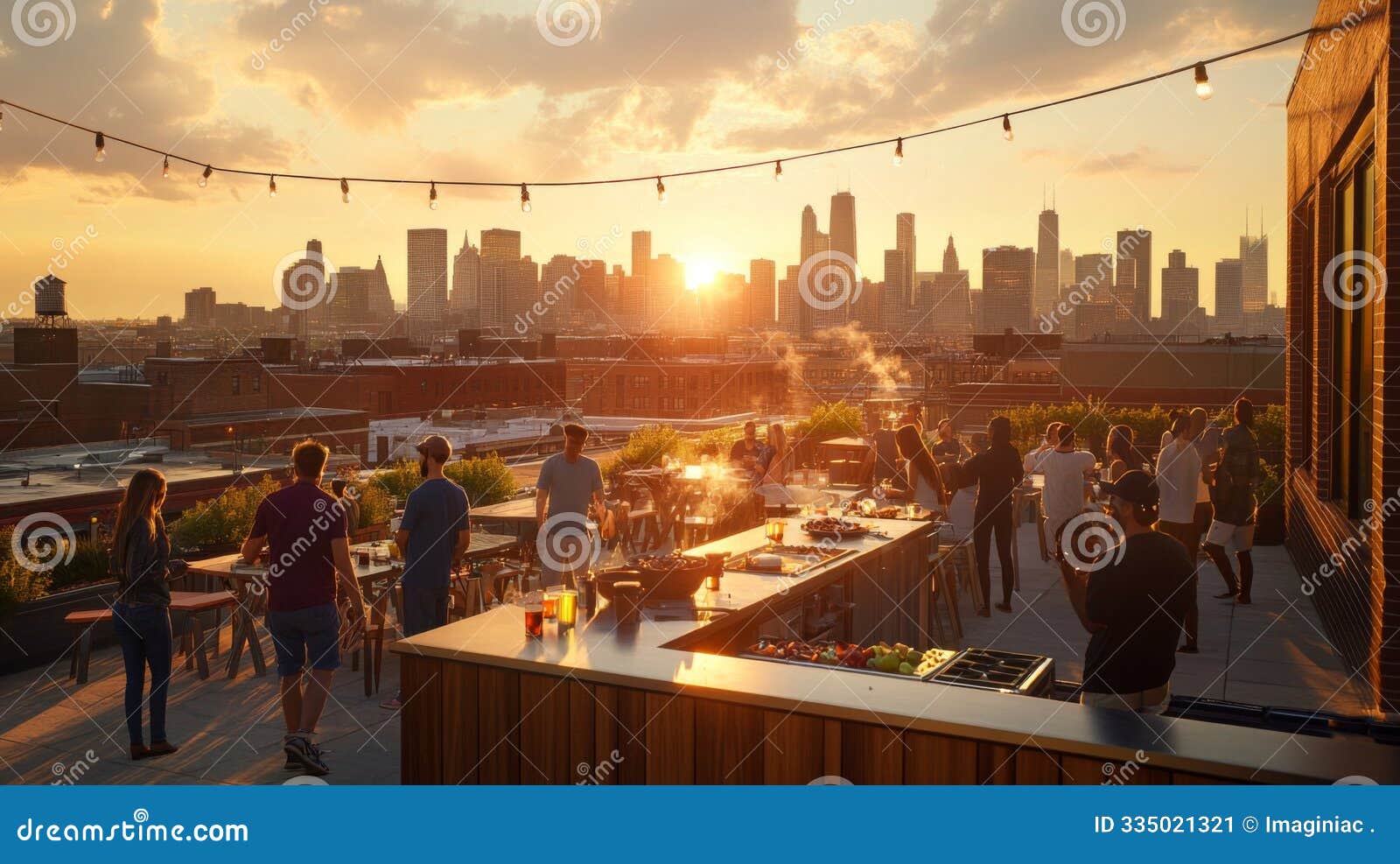 Rooftop Gathering at Sunset with City Skyline View Stock Illustration ...