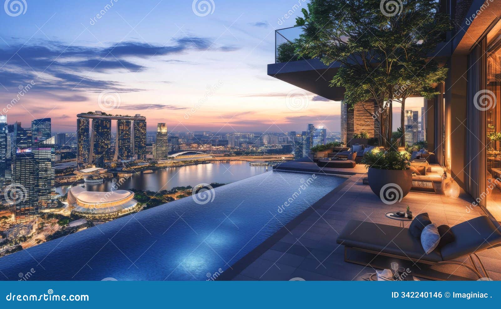 Rooftop Infinity Pool with City Skyline View at Twilight Stock ...