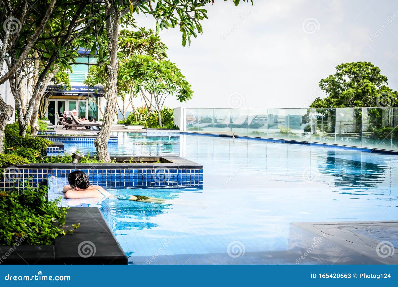 Rooftop Infinity Swimming Pool with Sunbathing Lounge Chairs and Trees ...