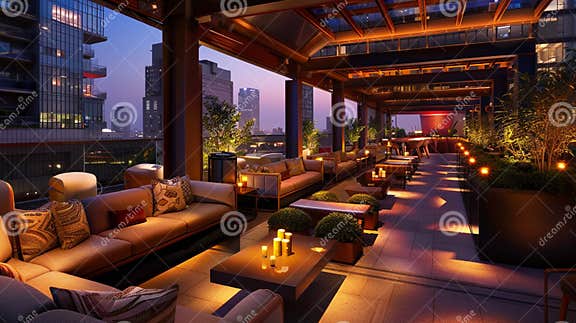 Rooftop Lounge Featuring Panoramic Views and Ambient Lighting Stock ...