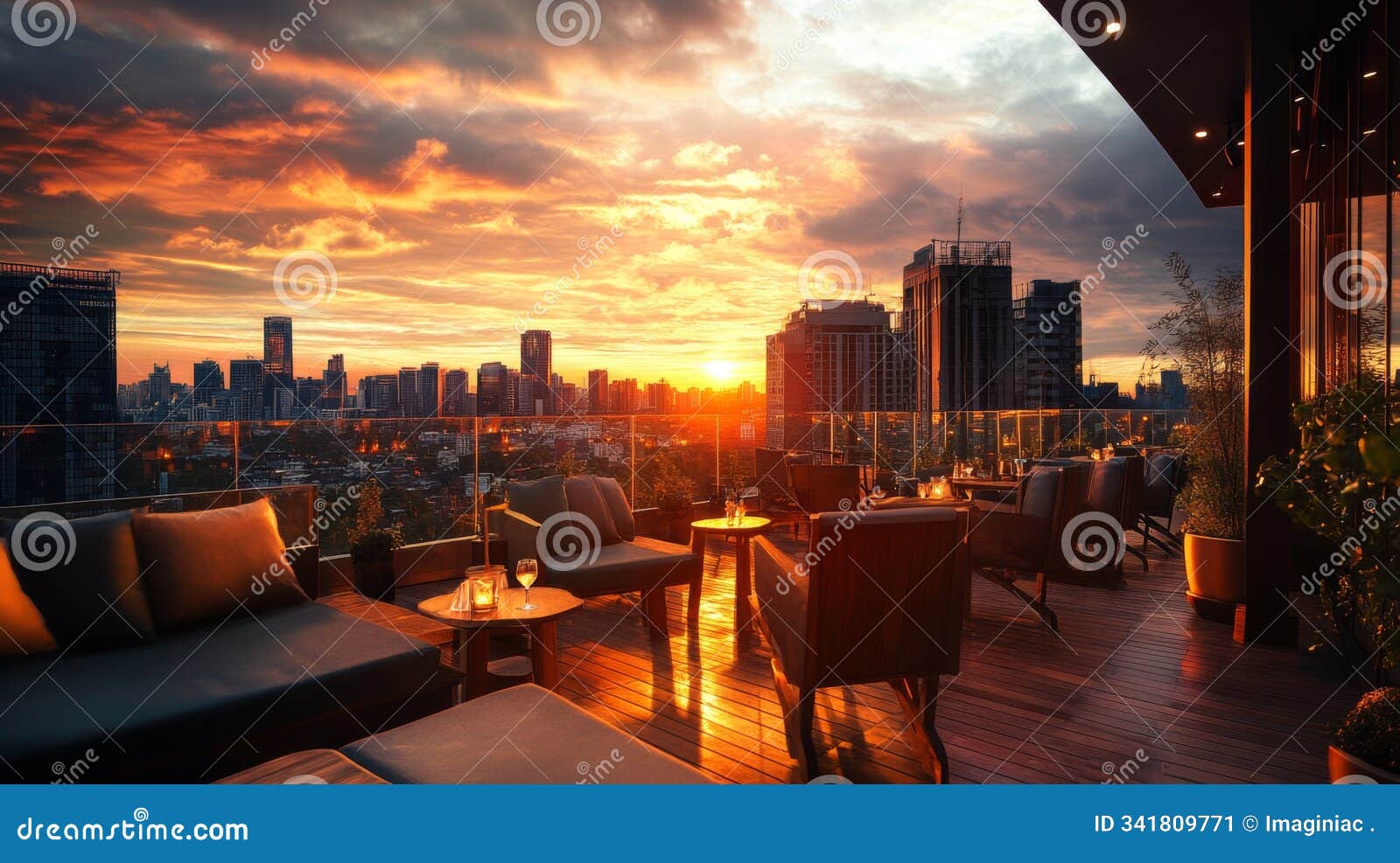 Rooftop Lounge Featuring Fire Pits And Cityscape Views Royalty-Free ...