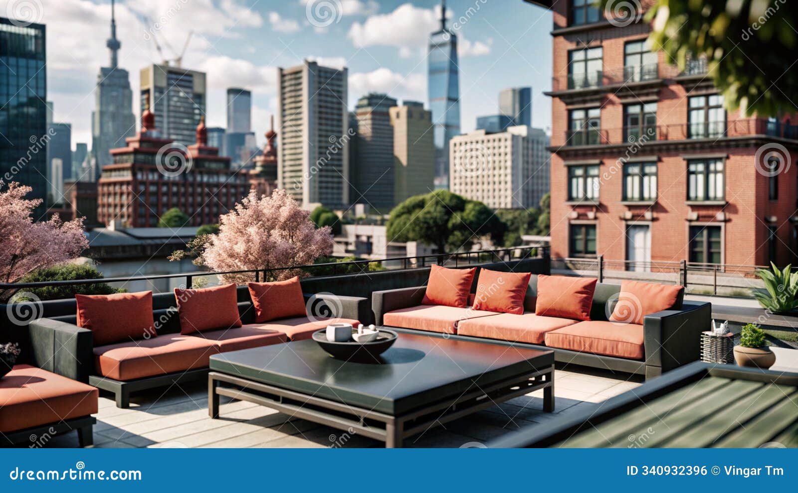 A Rooftop Patio with a City Skyline in the Background Stock ...