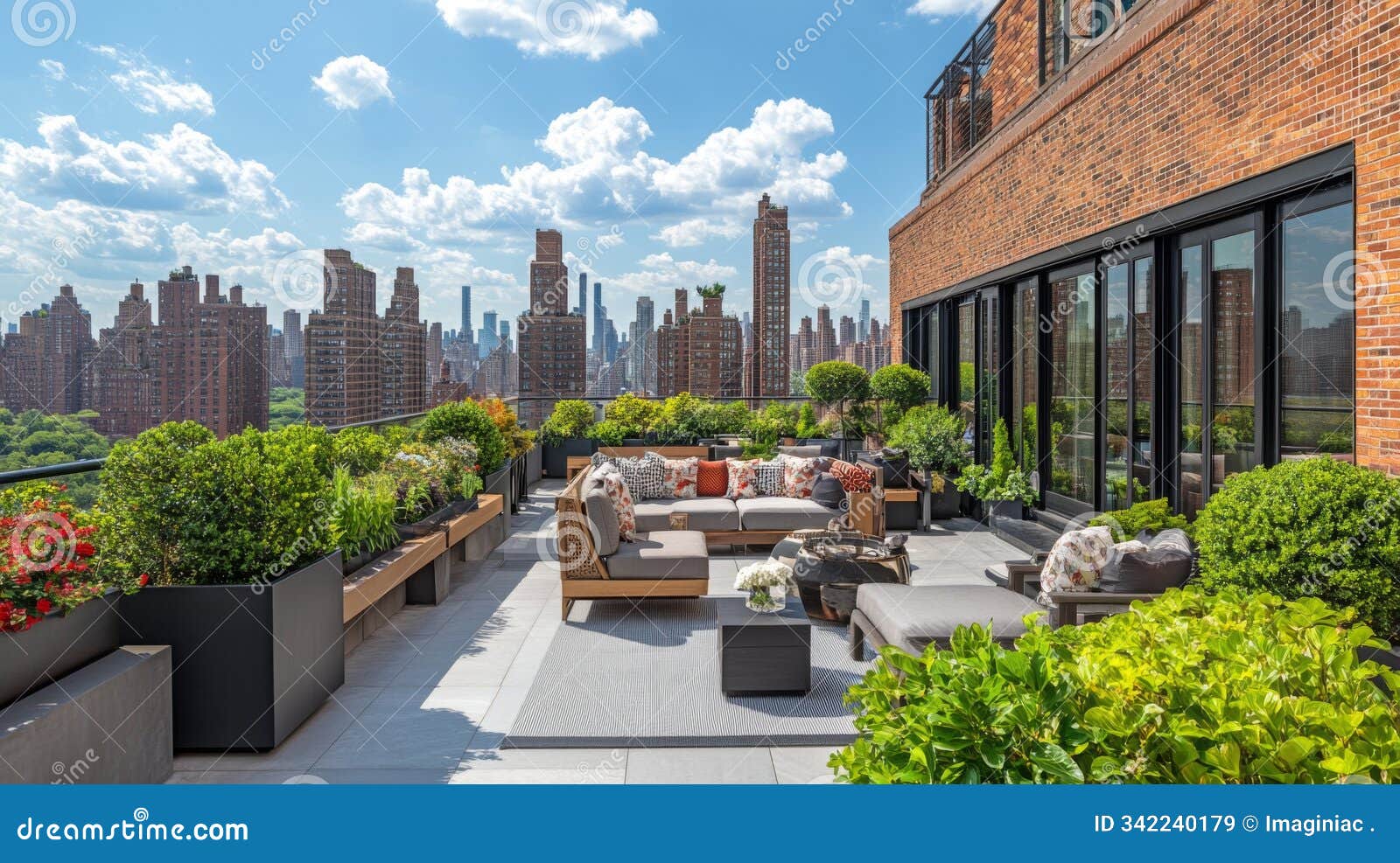 A Rooftop Patio With A City Skyline In The Background Stock Photo ...