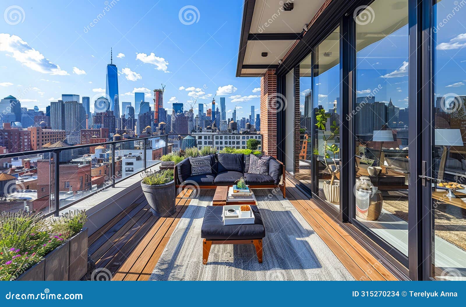 Rooftop Patio with Sofa and Chairs Overlooking the City Skyline Stock ...