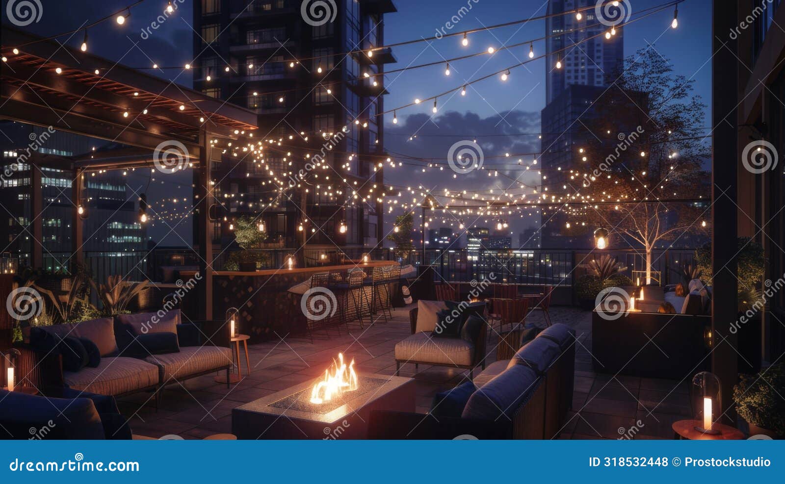 Rooftop Patio with String Lights and Fire Pit Stock Photo - Image of ...