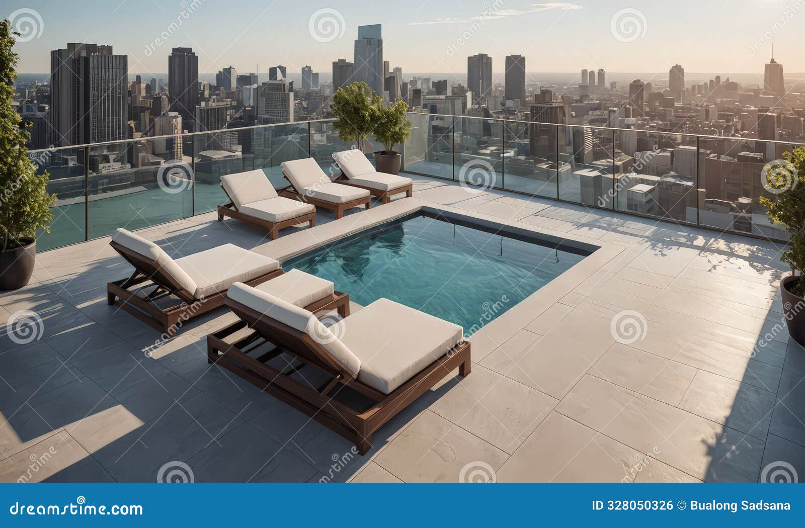 Rooftop Pool Area with Rectangular Pool, Lounge Chairs, and Potted ...
