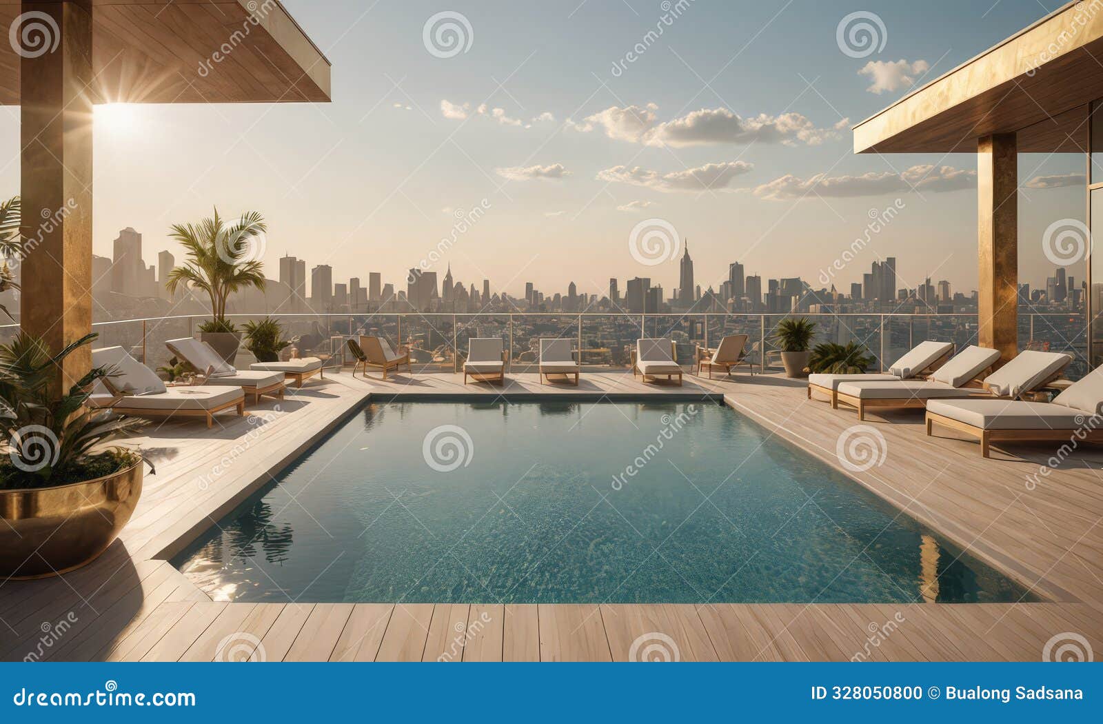Rooftop Pool Area with Rectangular Pool, White Lounge Chairs, and City ...