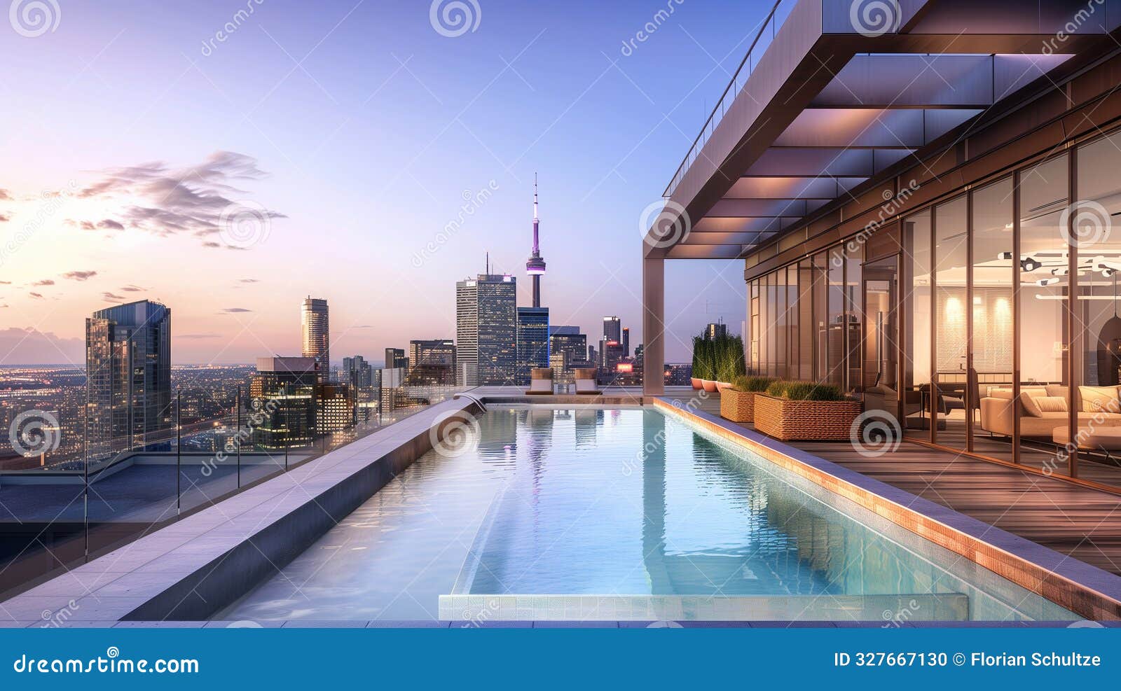 Rooftop Pool with City Skyline View Stock Illustration - Illustration ...