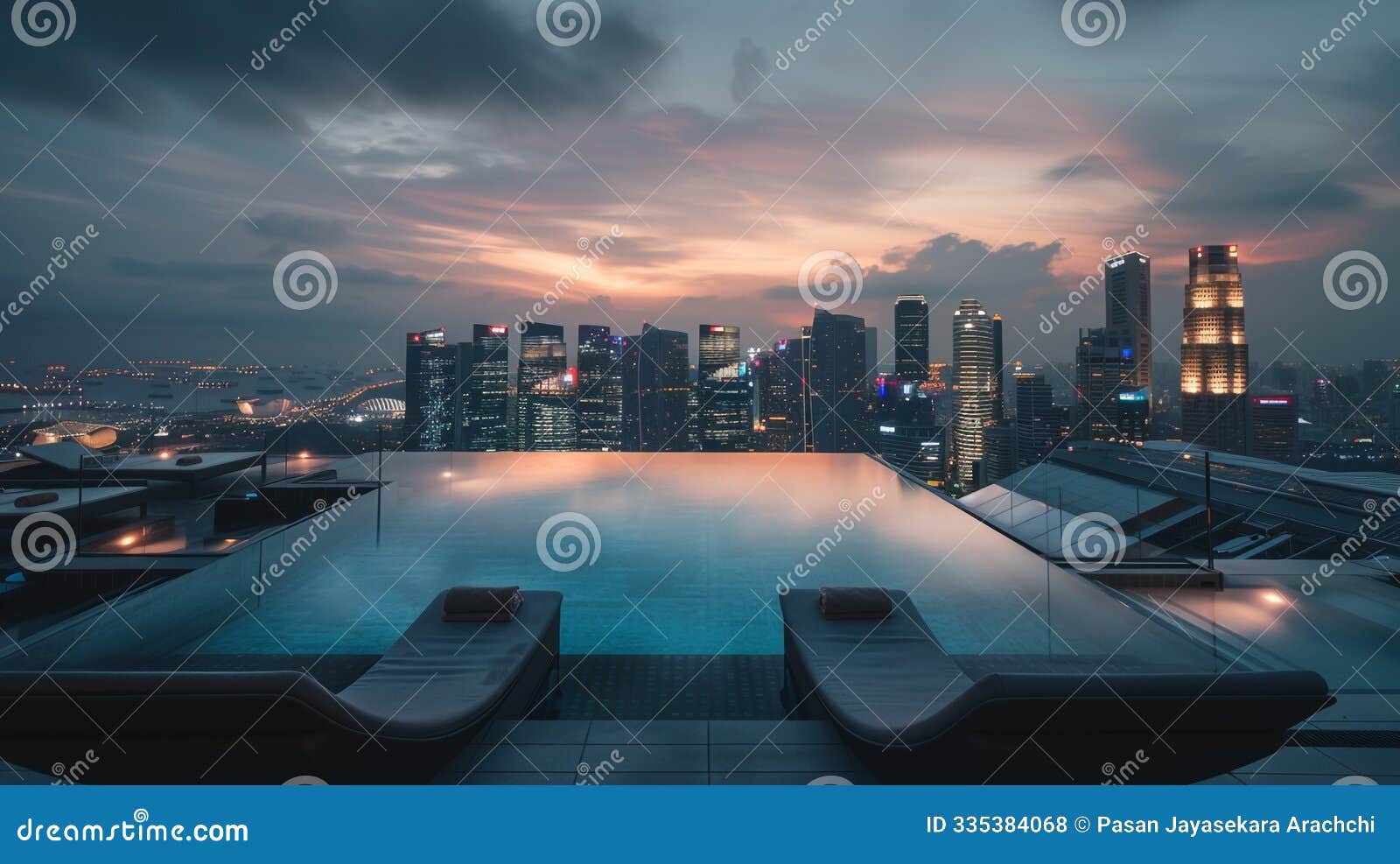 Rooftop Pool Features Infinity Edge with City Skyline and Loungers ...