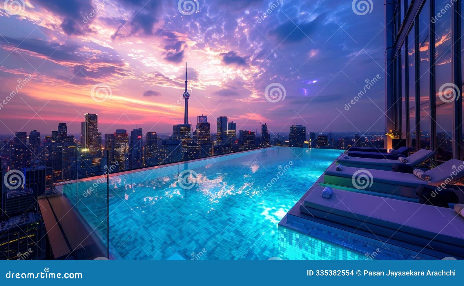 Rooftop Pool Features Infinity Edge with City Skyline and Luxurious ...