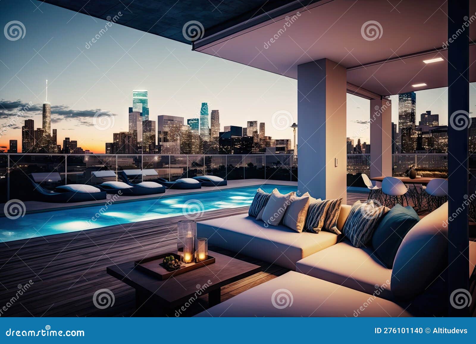 Rooftop Pool and Lounge Area, with View of the City Skyline Stock Photo ...