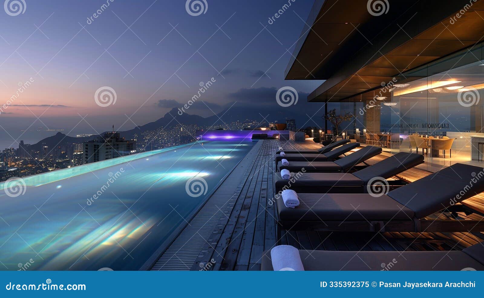 Rooftop Pool Showcasing Stunning Views with Loungers and Ambient ...