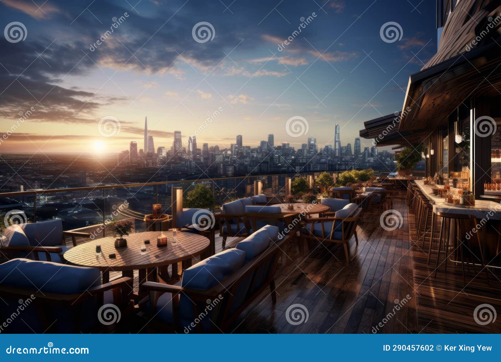 Rooftop Restaurant Cityscape Stock Illustration - Illustration of city ...