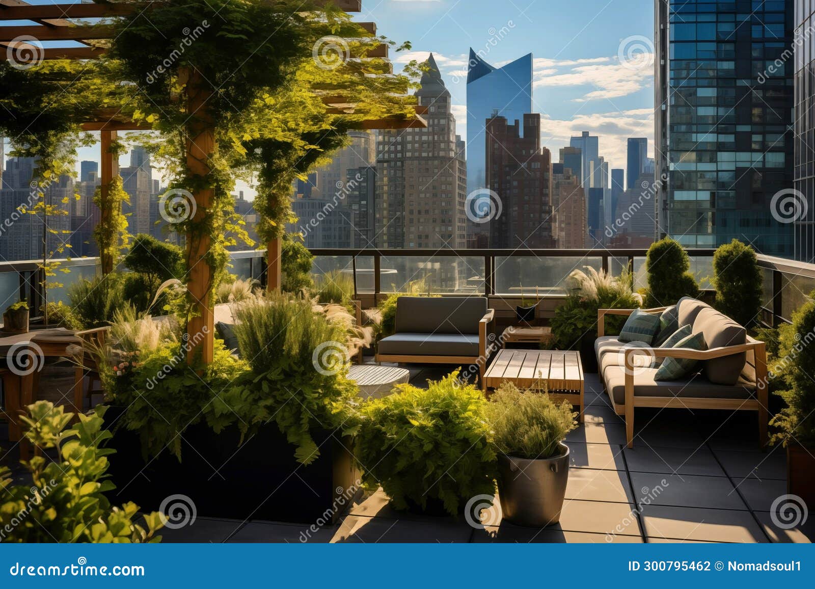 Rooftop Seating Area with View of Skyscraper. Generative AI Stock Photo ...