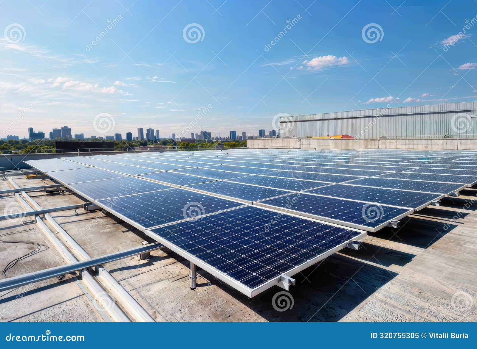 Rooftop Solar Panel Array with City Skyline and Greenery Backdrop ...