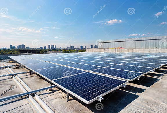 Rooftop Solar Panel Array with City Skyline and Greenery Backdrop ...