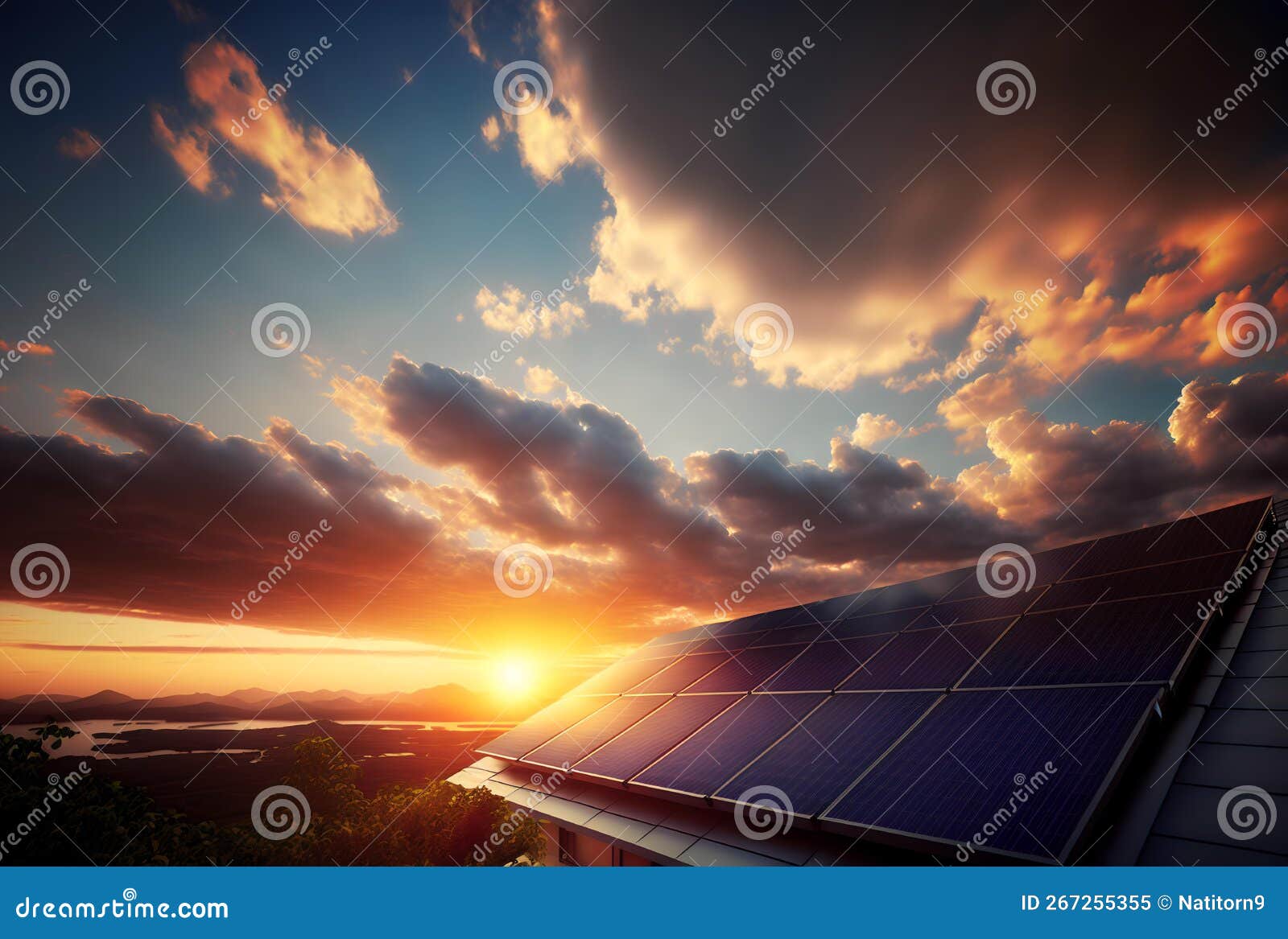 Rooftop Solar Panel Installation at Sunset, with the Sun Setting Behind ...