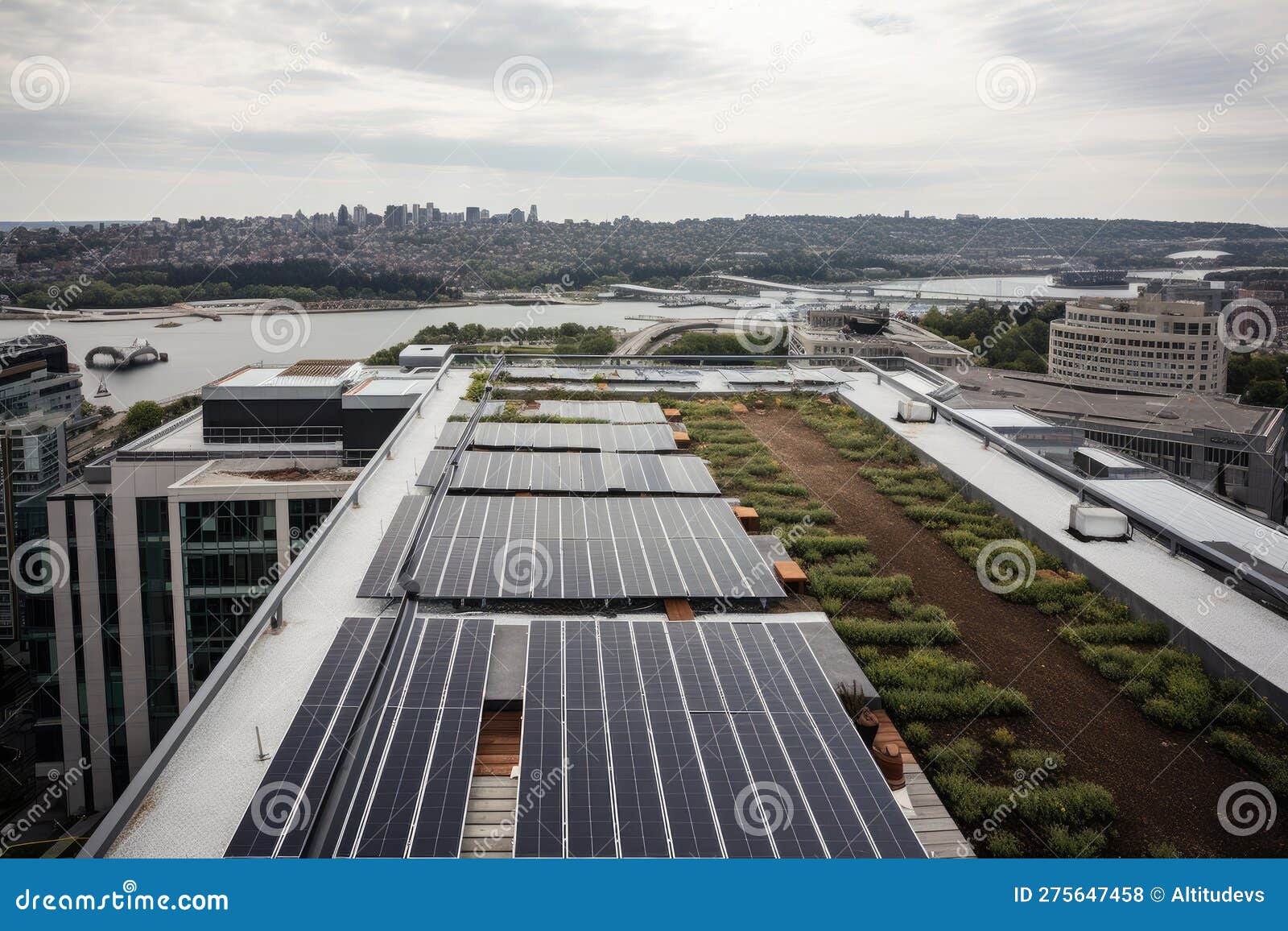 A Rooftop with Solar Panels and a Bird S-eye View of the City Below ...
