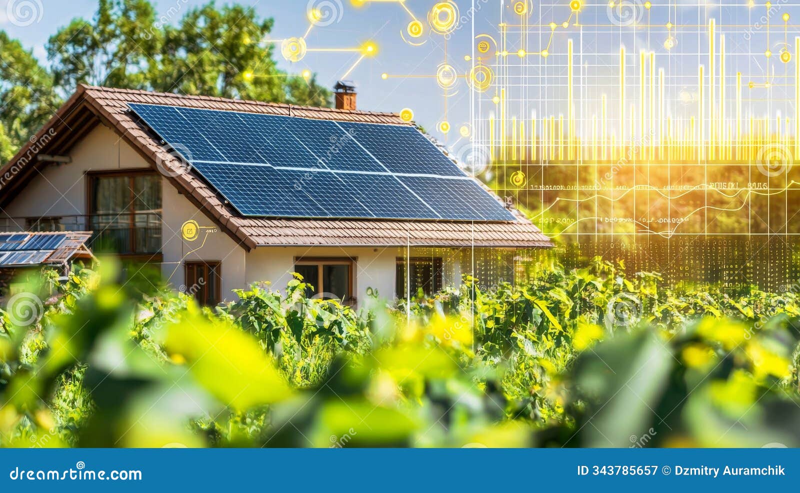 Rooftop Solar Panels and Data Visualization in a Modern House. Stock ...