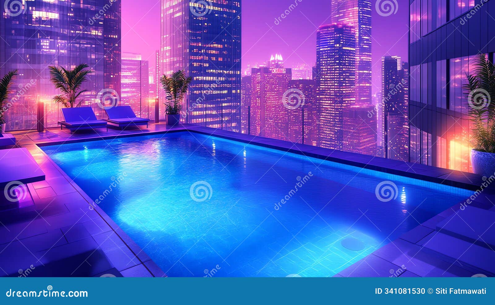 Rooftop Swimming Pool with City Skyline at Night Stock Illustration ...
