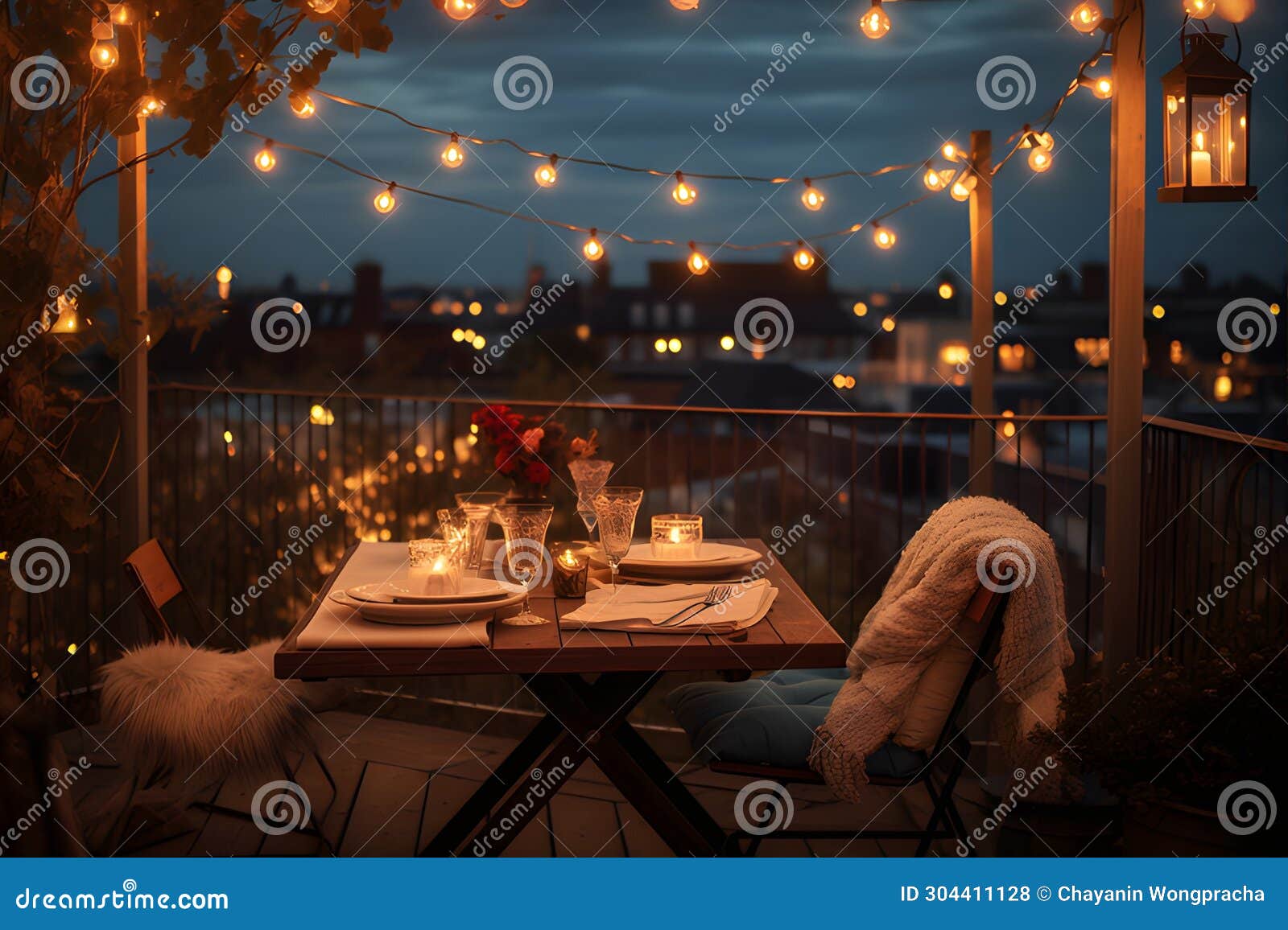 Rooftop Terrace with Strings of Fairy Lights Sets the Stage for a ...
