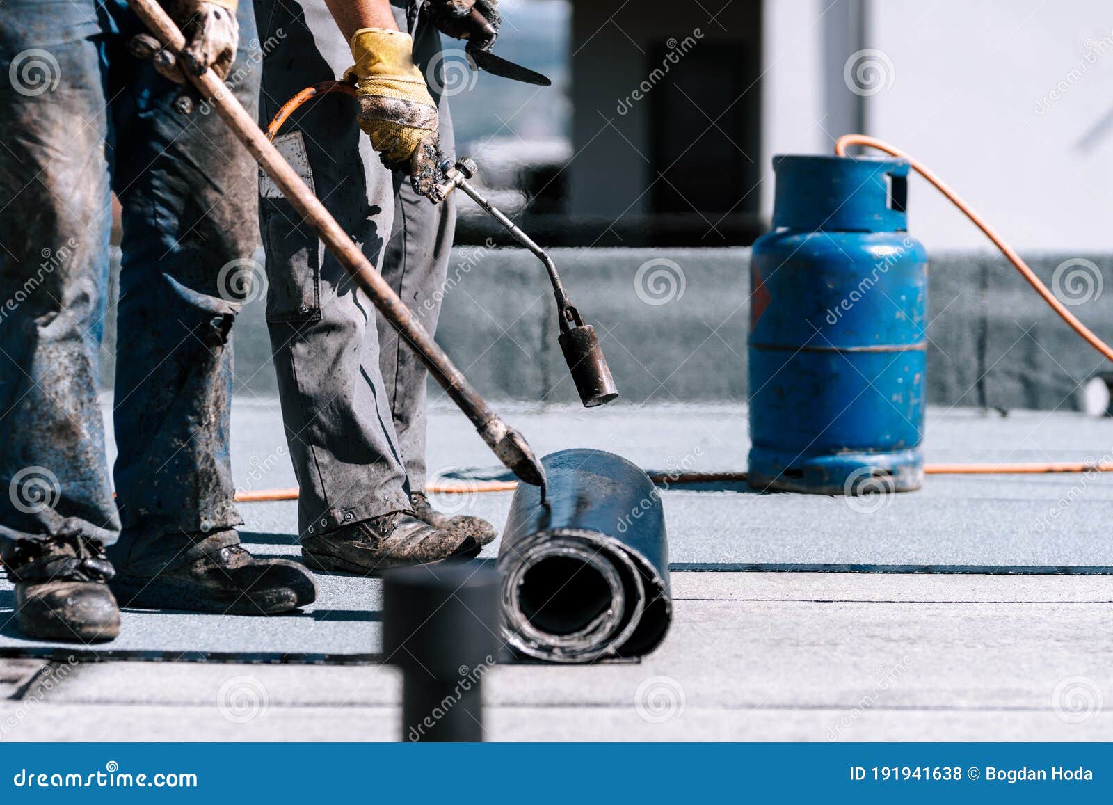 Rooftop Terrace Waterproofing Details. Workers Installing Bituminous ...