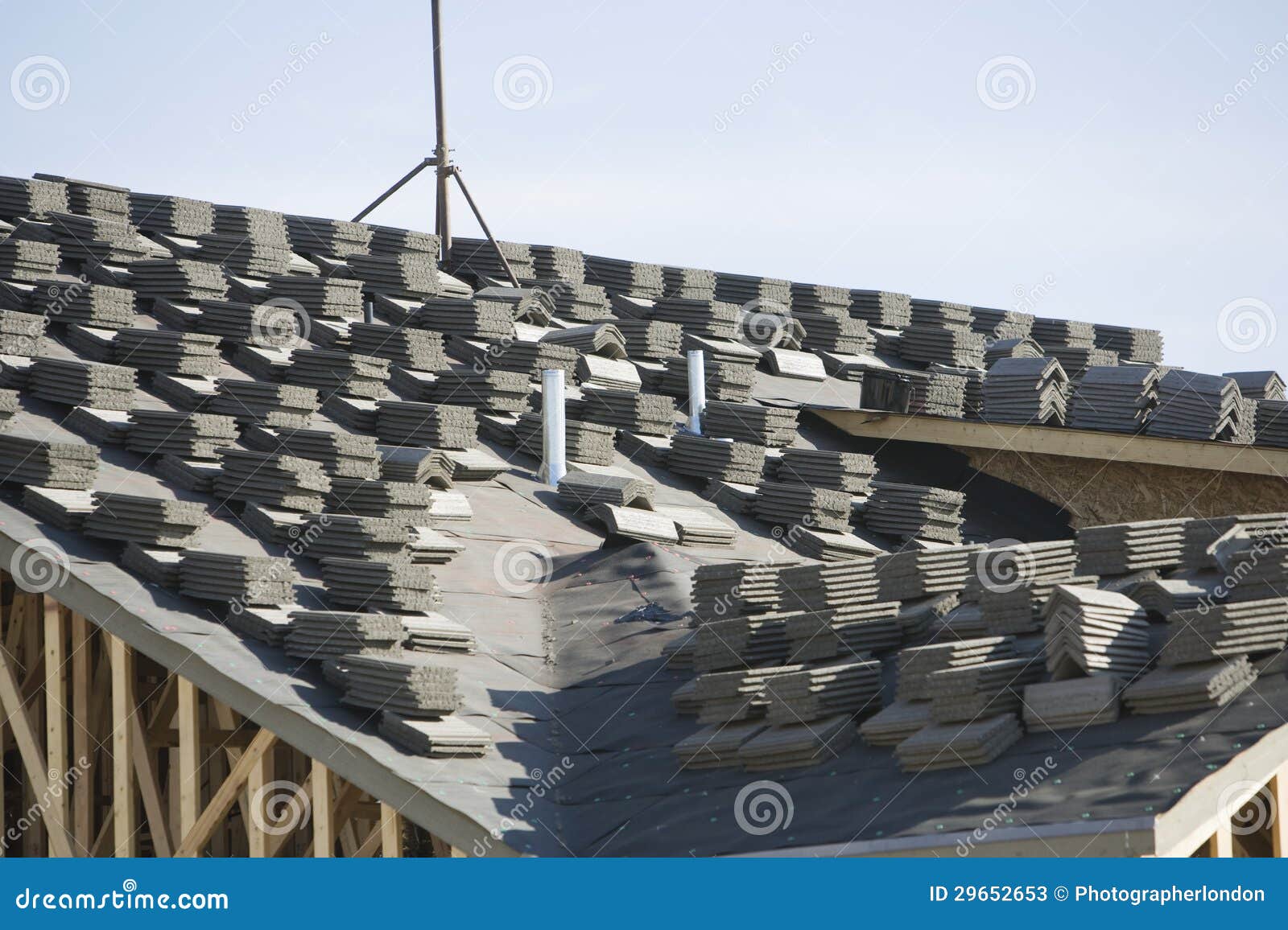 Incomplete Rooftop Roofing Construction Works With Asphalt Shingles And ...