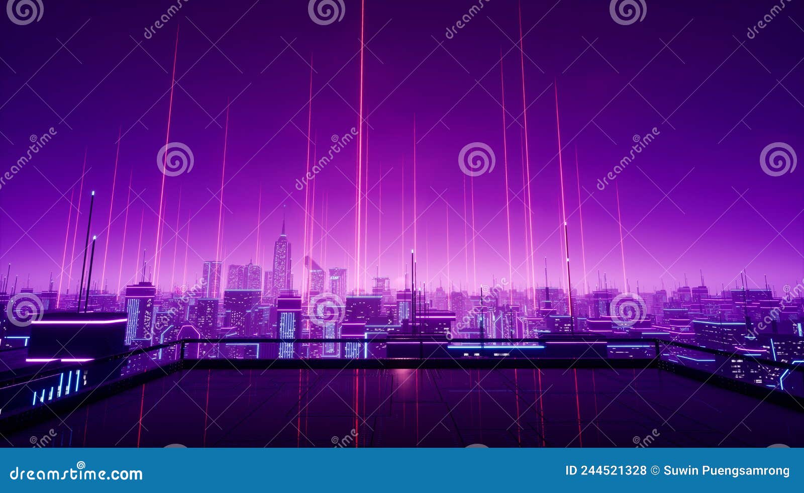 Rooftop View in Metaverse City, 3d Render Stock Illustration ...