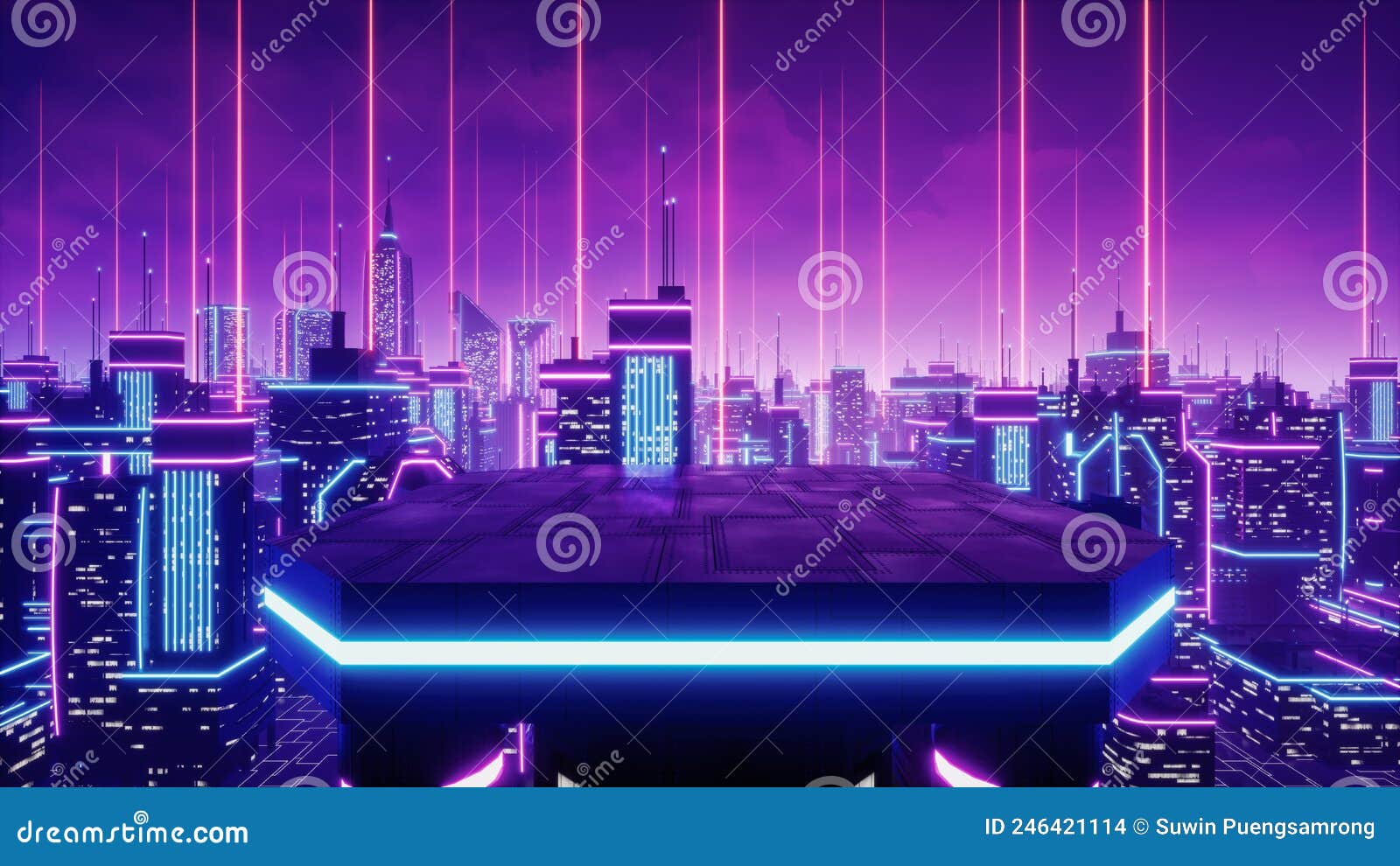 Rooftop View in Metaverse City, 3d Render Stock Illustration ...