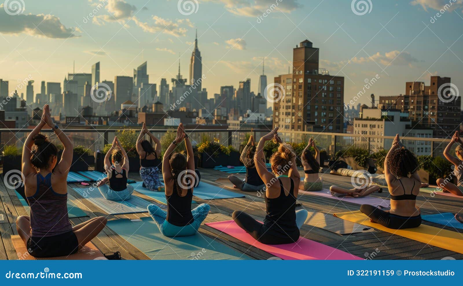 Rooftop Yoga Class with City Skyline View at Sunset Stock Image - Image ...