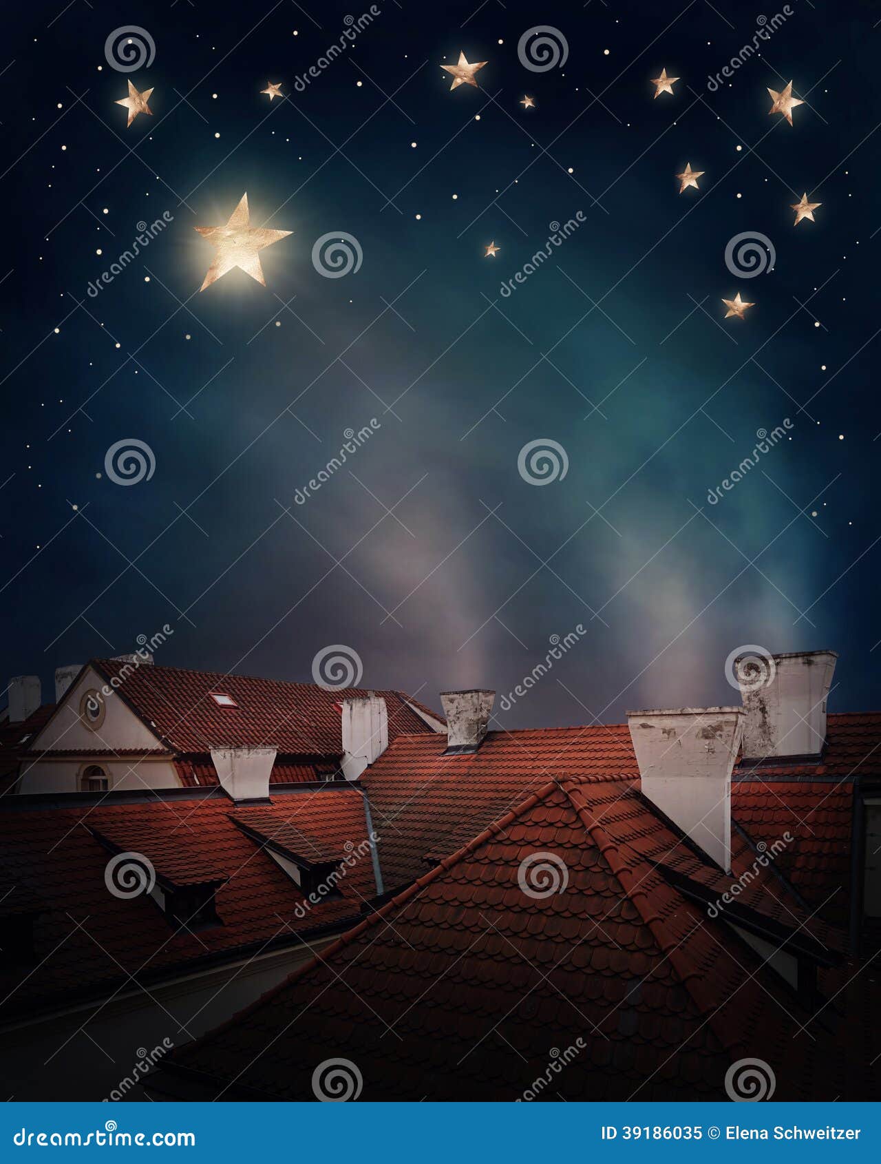 Rooftops and night sky stock image. Image of shine, night - 39186035