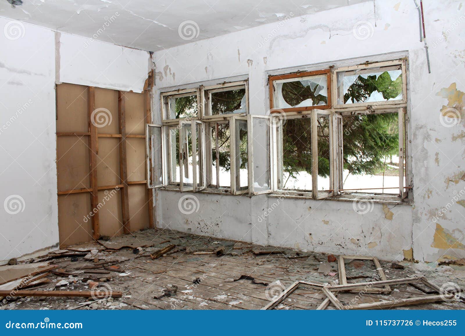 Room in Abandoned Building with Broken Walls and Windows Stock Photo ...