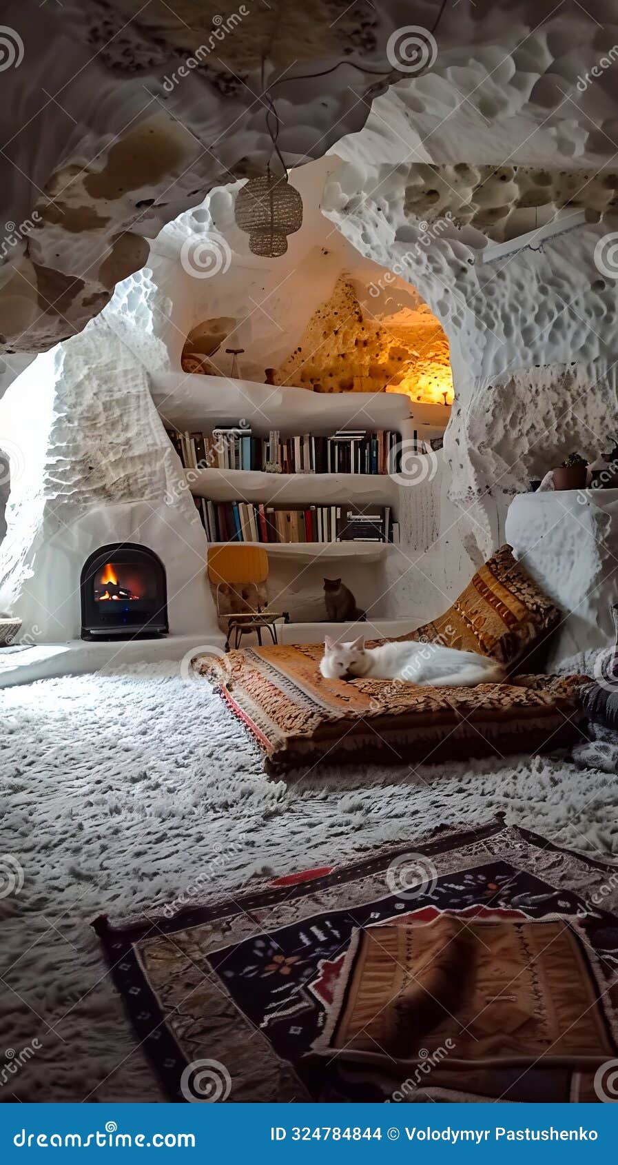 A Room with a Bed and Bookshelves in a Cave Stock Photo - Image of ...