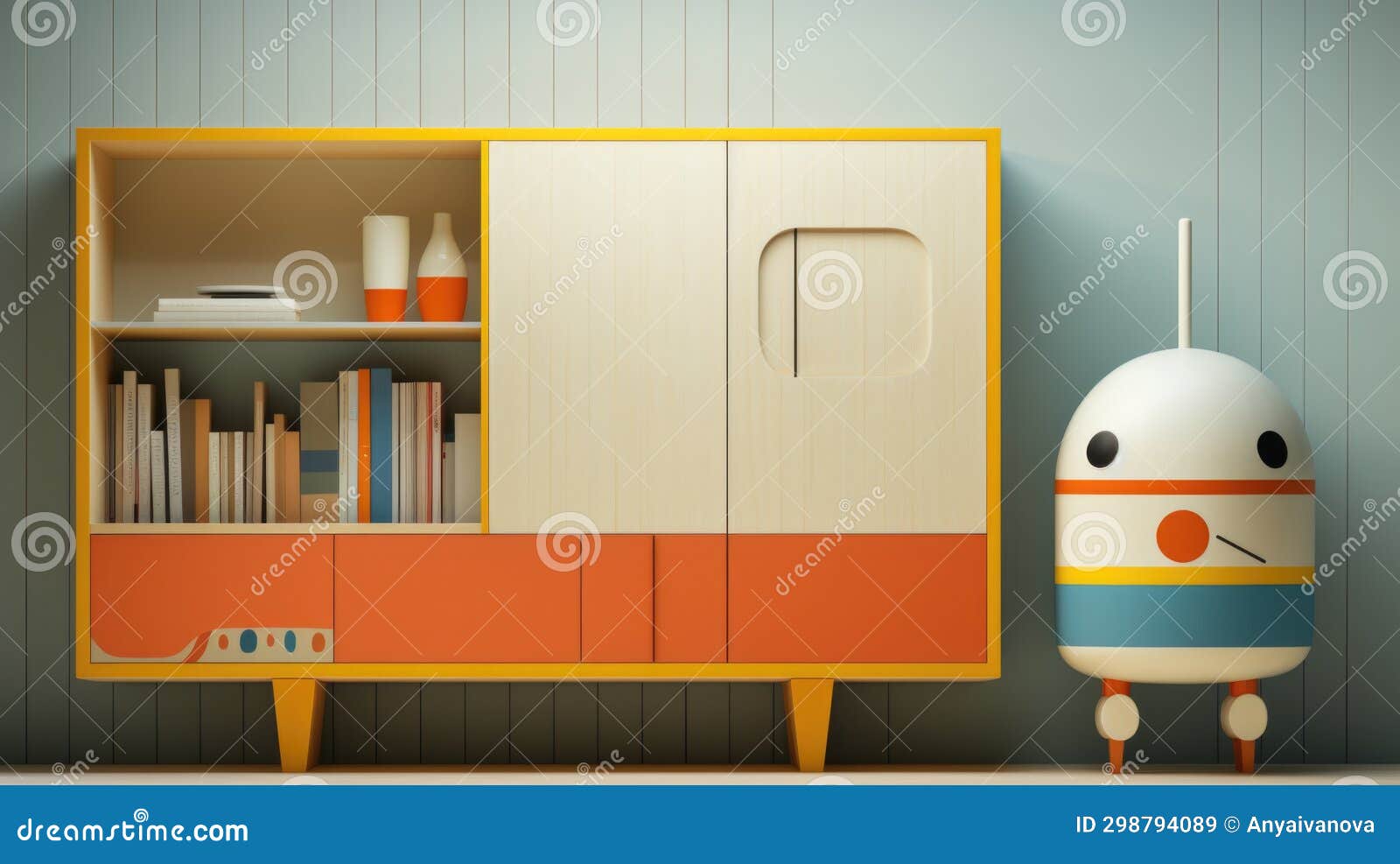 A Room with a Bookcase and a Robot Next To it Stock Illustration ...