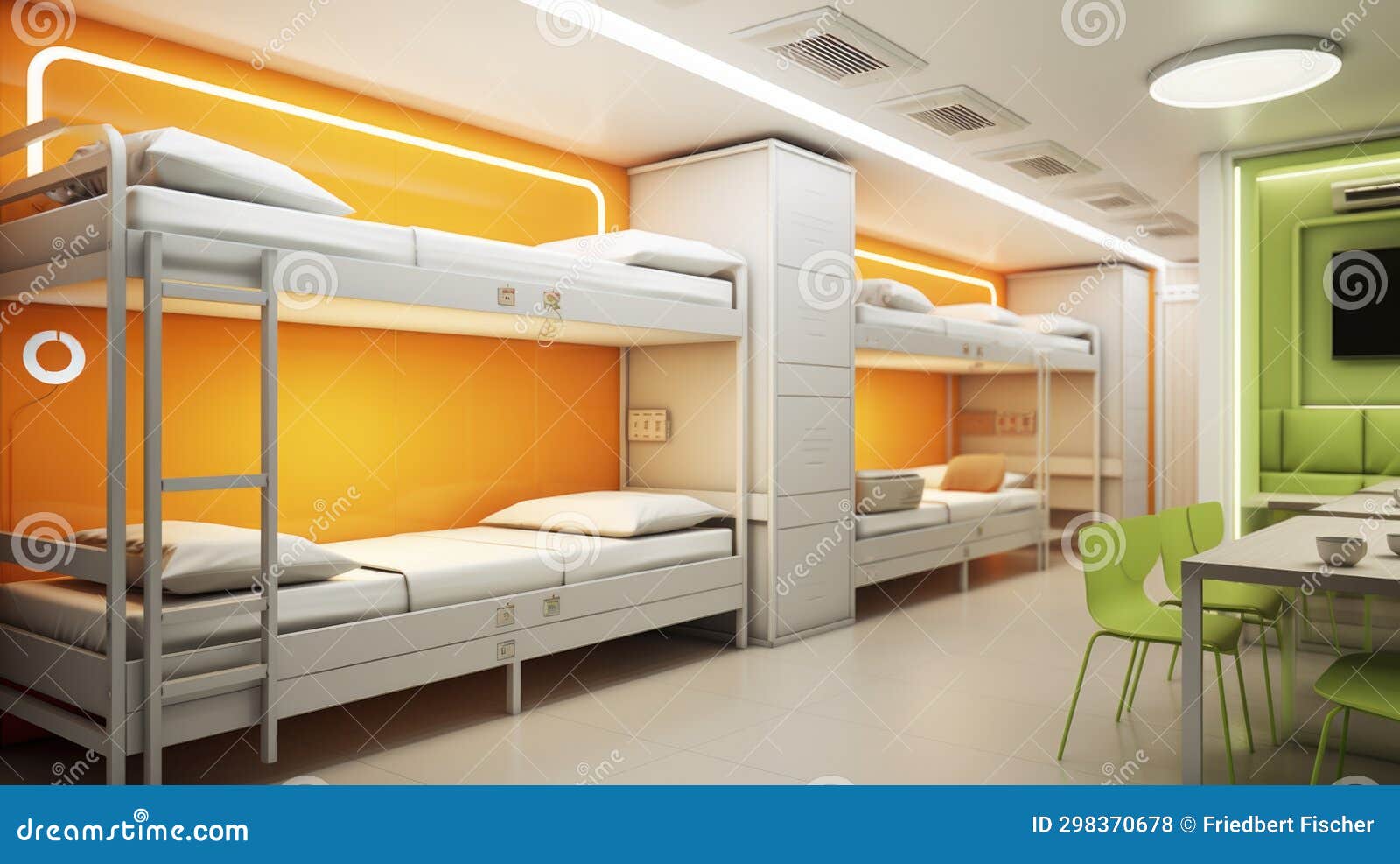 A Room with Bunk Beds and a Table and Chairs, Hostel Interior. Stock ...