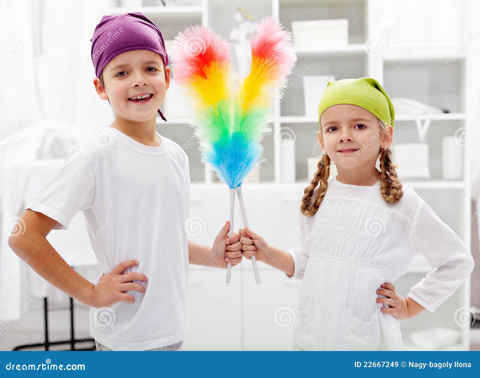 Room Cleaning Taskforce - Kids with Dust Brushes Stock Image - Image of ...